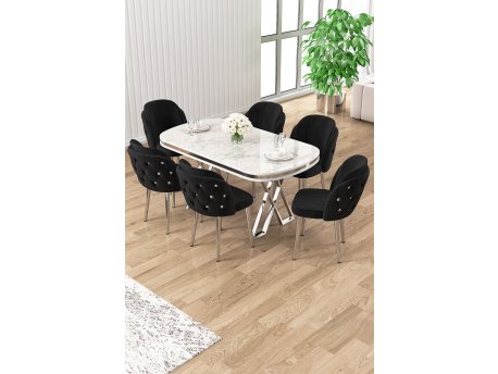 HANAH HOME Set trpezarijskog stola i stolica (7 delova) Zae White Marble Chrome Black