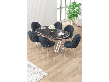 HANAH HOME Set trpezarijskog stola i stolica (7 delova) Zae Black Marble Chrome Anthracite