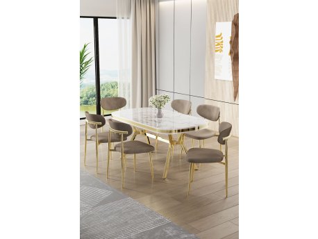 HANAH HOME Set trpezarijskog stola i stolica (7 delova) Olya White Marble Gold Cappuccino