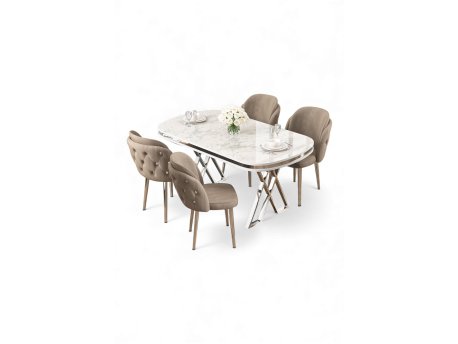 HANAH HOME Set trpezarijskog stola i stolica (5 delova) Zae White Marble Chrome Cappuccino