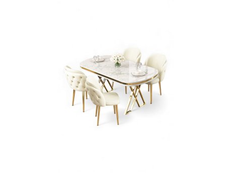 HANAH HOME Set trpezarijskog stola i stolica (5 delova) Zae White Marble Gold Cream