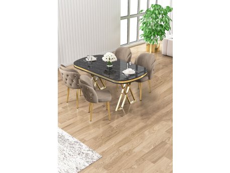 HANAH HOME Set trpezarijskog stola i stolica (5 delova) Zae Black Marble Gold Cappuccino