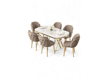 HANAH HOME Set trpezarijskog stola i stolica (7 delova) Zae White Marble Gold Cappuccino