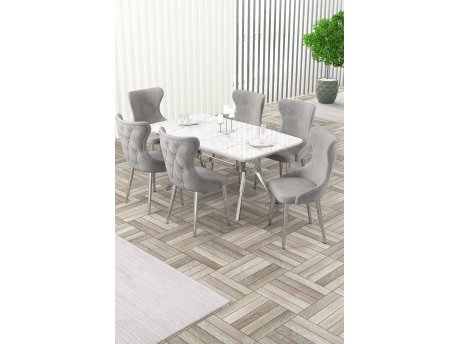 HANAH HOME Rasklopivi trpezarijski sto i stolice (7 delova) Esla White Marble Chrome Grey