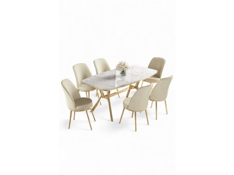 HANAH HOME Set trpezarijskog stola i stolica (7 delova) Lena White Marble Gold Cream