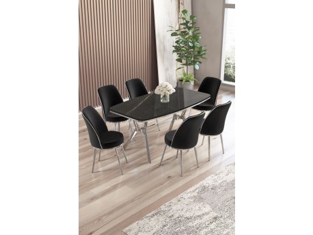 HANAH HOME Set trpezarijskog stola i stolica (7 delova) Lena Black Marble Chrome Black