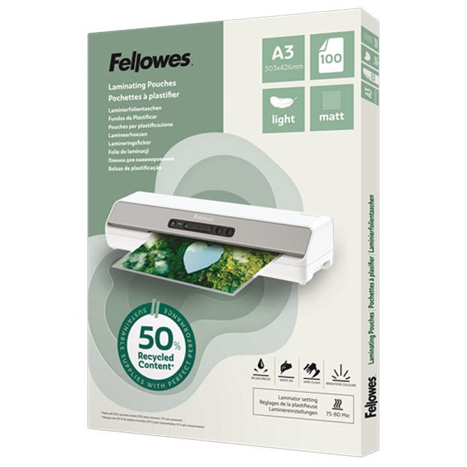 Folija za plastificiranje 80my A3 mat 50% reciklirani materijal pk100 Fellowes 100143436