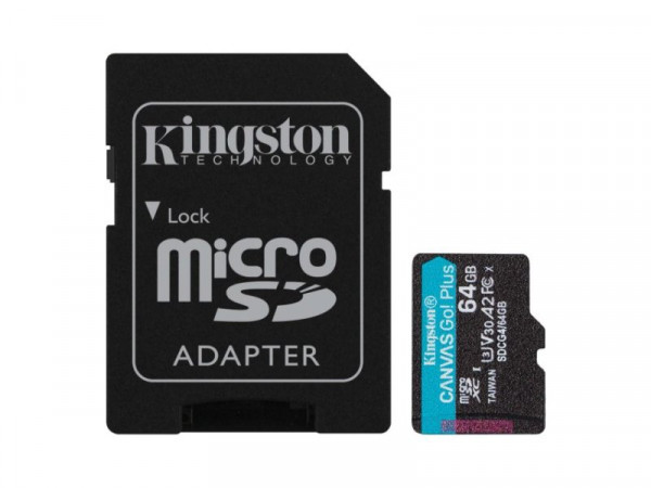 Kingston MicroSD 64GB Canvas Go! Plus - SDCG4/64GB + Adapter 200 Mb/s,160 Mb/s, Klasa 10, Klasa U3, V30, A2