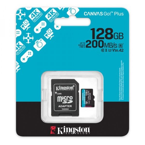 KINGSTON Memorijska kartica 128GB MicroSD Canvas Go! Plus - SDCG4/128GB +adapter 200Mb/s,160Mb/s, Klasa 10, Klasa U3, V30, A2