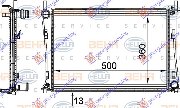 HLADNJAK MOTORA 1.2/1.4/1.6 (+/-AC) (500×356) (MAHLE BEHR) MAZDA 2 2003-2007 (DY) (OEM: 1141490, 1222562, C20115200)