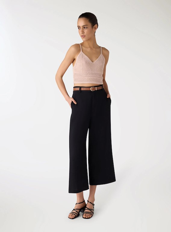 Pantalone crop sa efektom lana i kaišem - Crna