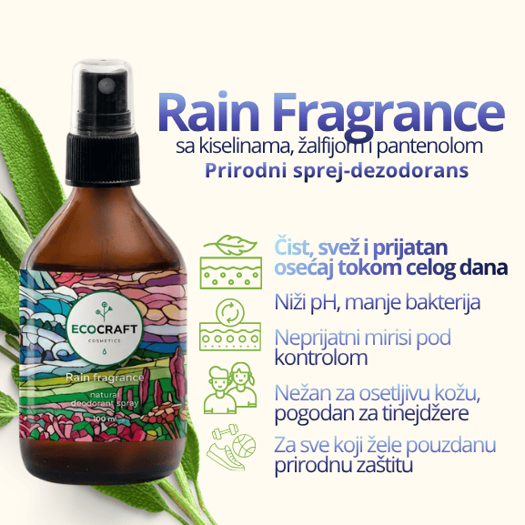 Prirodni dezodorans Rain Fragrance sa kiselinama za svežinu i komfor kože 100 ml