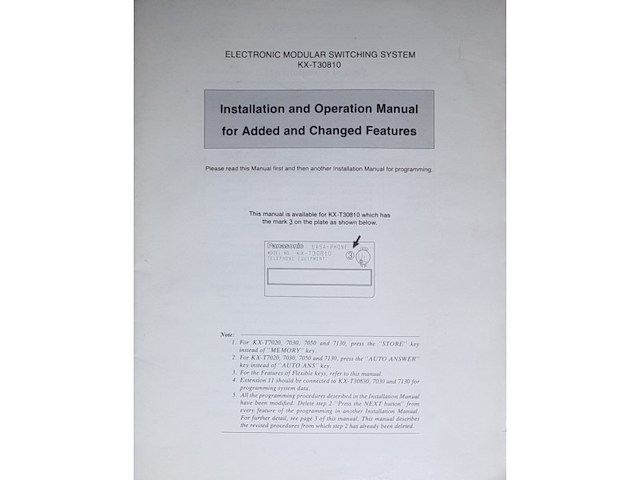 Uputstvo Za Centralu `Panasonic` KX-T30810 Japan