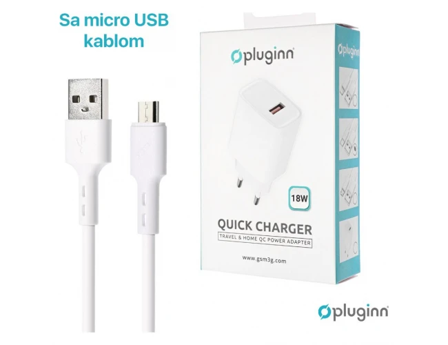 Pluginn AJ-18 Punjač za mobilni telefon 18W sa kablom USB micro beli