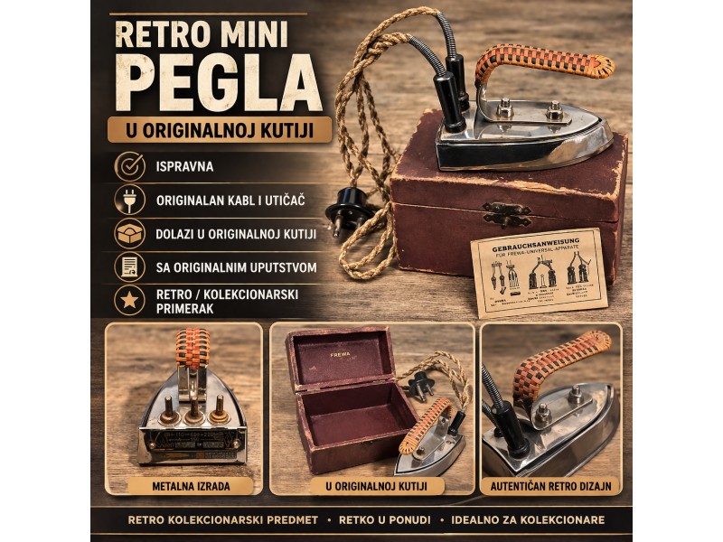 Retro mini pegla – stara putna pegla u kutiji, ispravna