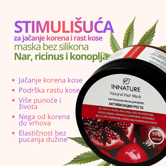 Maska bez silikona za jačanje korena i rast kose Nar, ricinus i konoplja 250 ml
