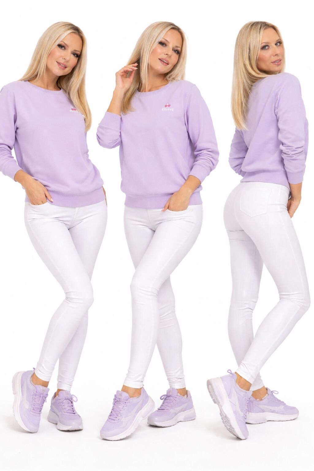 Ženska casual kombinacija – lila dukser + bele skinny pantalone + lila