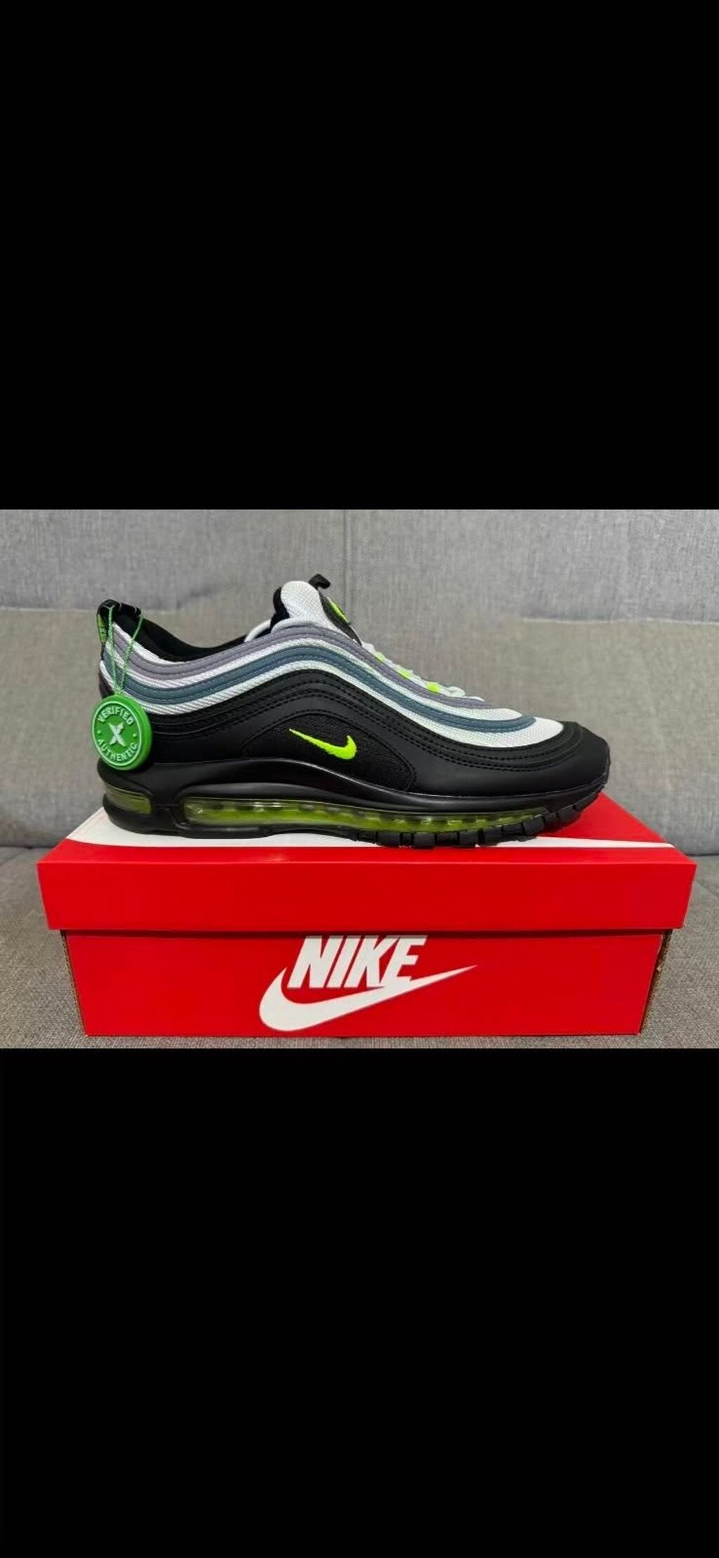 Nike Air Max 97 patike – crno/sivo sa neonsko‑zelenim detaljima. -
