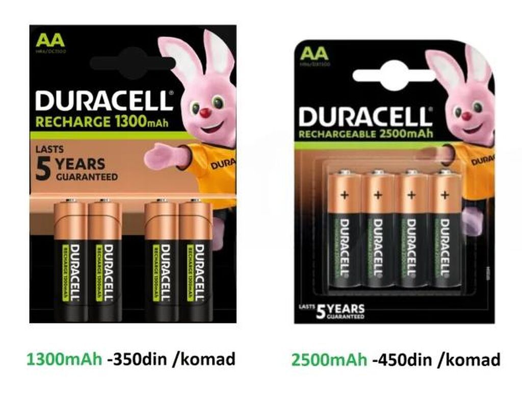 Duracell AA punjive baterije - Tip: AA (HR6) - Kapaciteti: • 1300