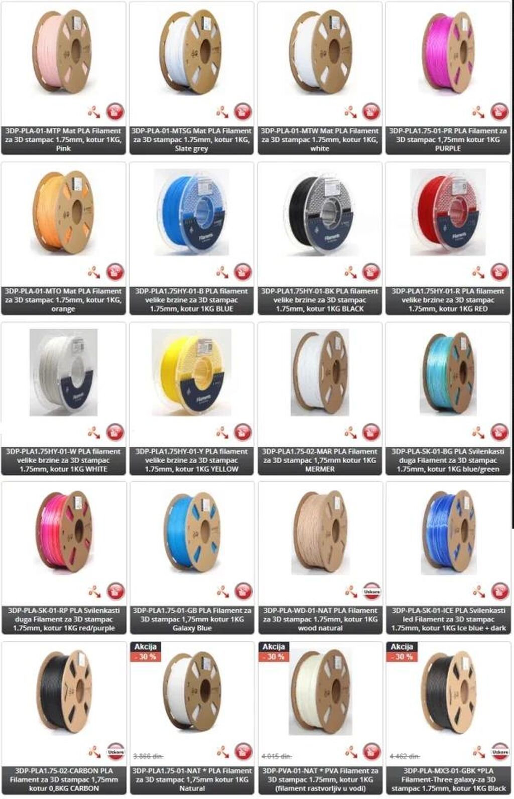 PLA filament za 3D štampače – 1,75 mm, kotur 1 kg - Materijal: PLA
