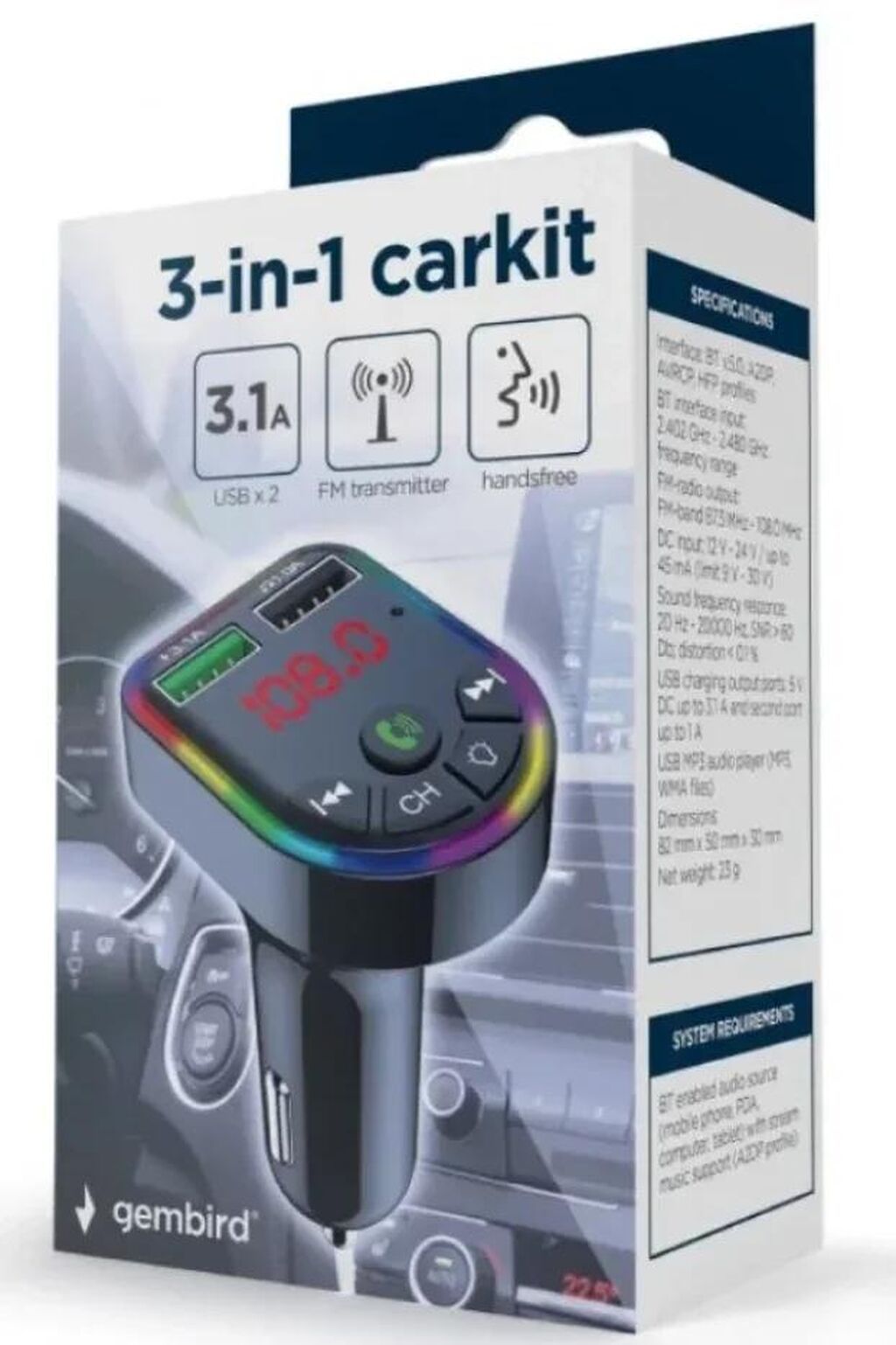 Gembird 3‑in‑1 Car Kit – FM transmiter, Bluetooth handsfree i dupli