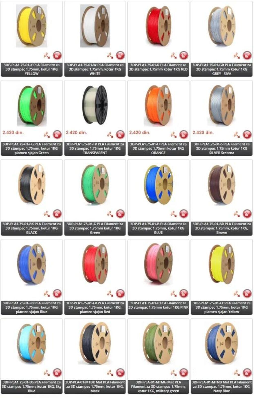 PLA filament za 3D štampače – 1,75 mm, kalem 1 kg - Materijal: PLA