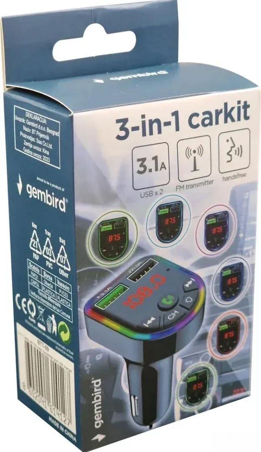 Gembird 3‑in‑1 CarKit FM transmiter sa handsfree funkcijom -