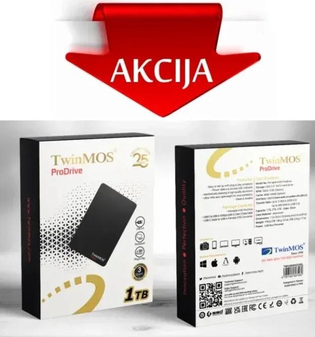 TwinMOS ProDrive eksterni prenosivi HDD – 1 TB - Kapacitet: 1 TB -
