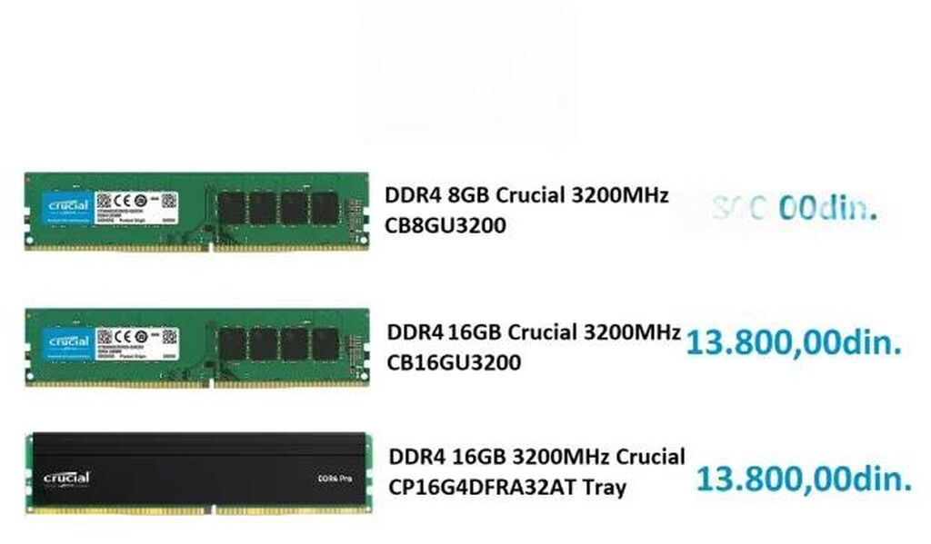 Crucial DDR4 memorija – 3200 MHz Dostupni modeli: - 8 GB Crucial DDR4