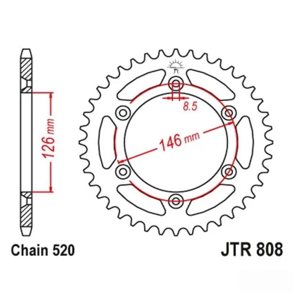 Zadnji lančanik za motocikl – JTR 808 (za lanac 520) - Tip: zadnji