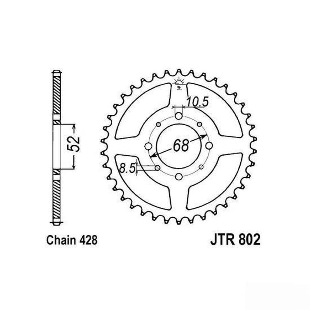 Zupčanik JTR 802, dizajniran za lanac tipa 428. Ovaj crni zupčanik ima