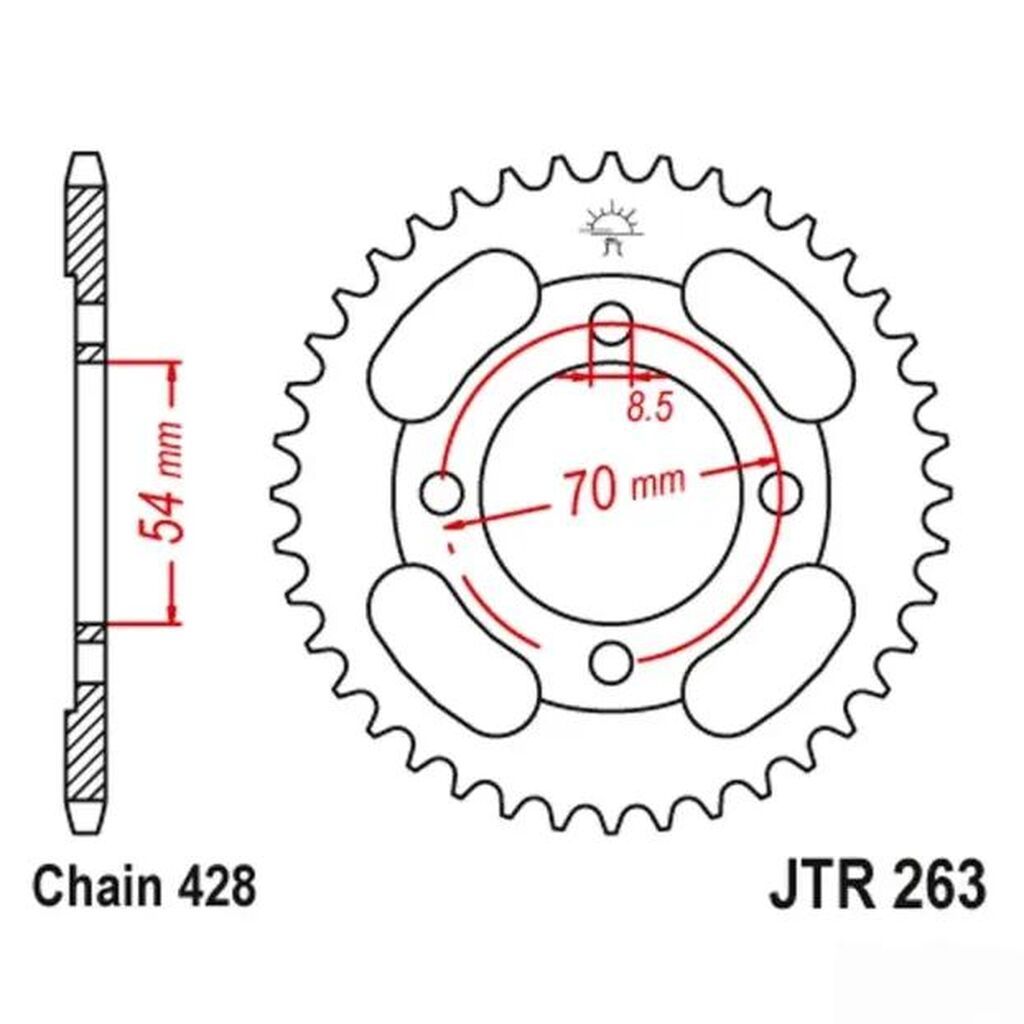 Zupčanik JTR 263 dizajniran za lanac tipa 428. Ovaj zupčanik ima