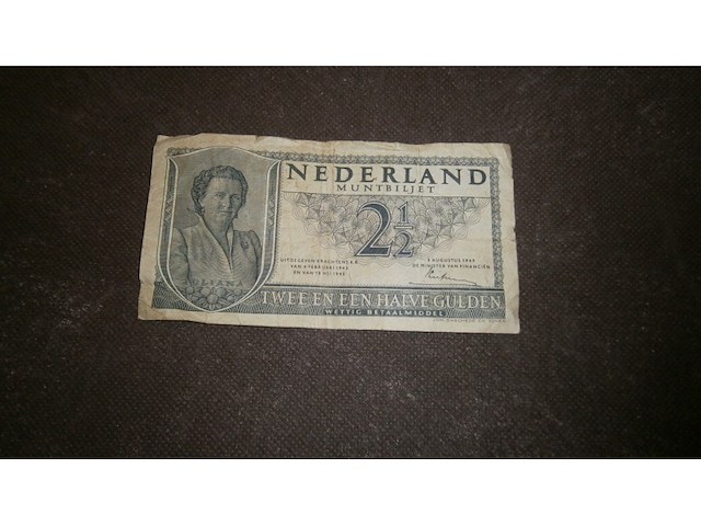 NETHERLANDS 2 1-2 GULDEN 1949