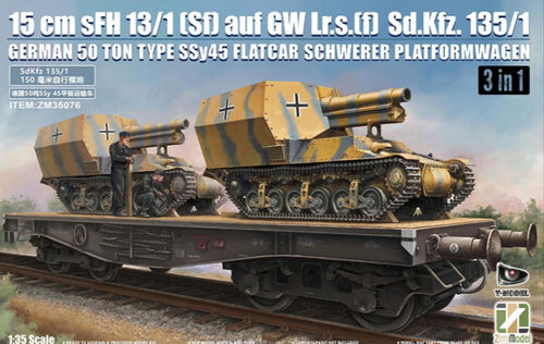 NEW! Zimi Model ZM35076 German WWII 15 cm sFH 13/1 (Sf)auf Gw Lrs.(f )Sd.Kfz.135/1 with 50 Ton Type SSy45 Flatcar Schwerer Platformwagen (3 in 1 Kit)