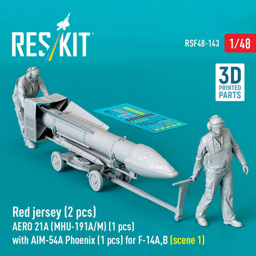 RES/KIT F48-0143 Modern Red Jersey (2 Figures) - Aero 21A (MHU-191A/M) (1 piece) with AIM-54A Phoenix (1 piece) for F-14 A/B - Scene 1 (3D-Printed)
