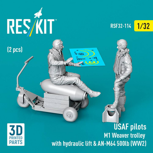 RES/KIT F32-0114 USAF WW2 Pilots (2 pcs) & M1 Weaver Trolley with Hydraulic Lift & AN-M64 500lb (3D-Printed)