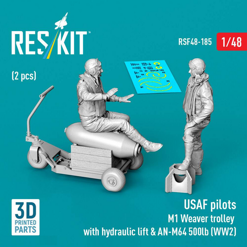 NEW! RES/KIT F48-0185 USAF WW2 Pilots (2 pcs) & M1 Weaver Trolley with Hydraulic Lift & AN-M64 500lb (3D-Printed)