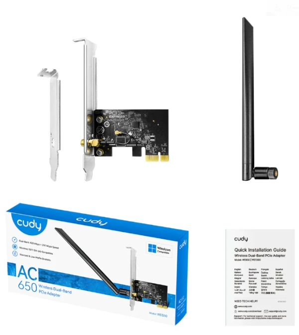 Cudy WE650,AC650 Bezicni PCI-E adapter sa dva opsega, 433 Mbps + 200 Mbps ,Dual-Band Wi-Fi 5