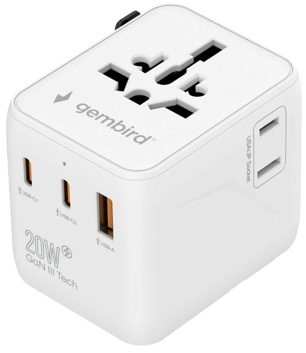 Gembird Travel adapter TPA-1A2C20-01-W Univerzalni 20W