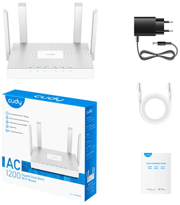 Cudy WR1300E AC1200 Dual Band 2.4+5Ghz Wi-Fi Ruter 1W/3LAN Gbit,4x5dBi Wisp/AP/REP