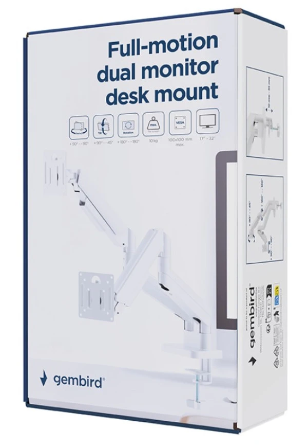 Gembird MA-DA2-06-W Podesivi dupli stoni drzac za monitor, tilt, 17-32 max.10kg White