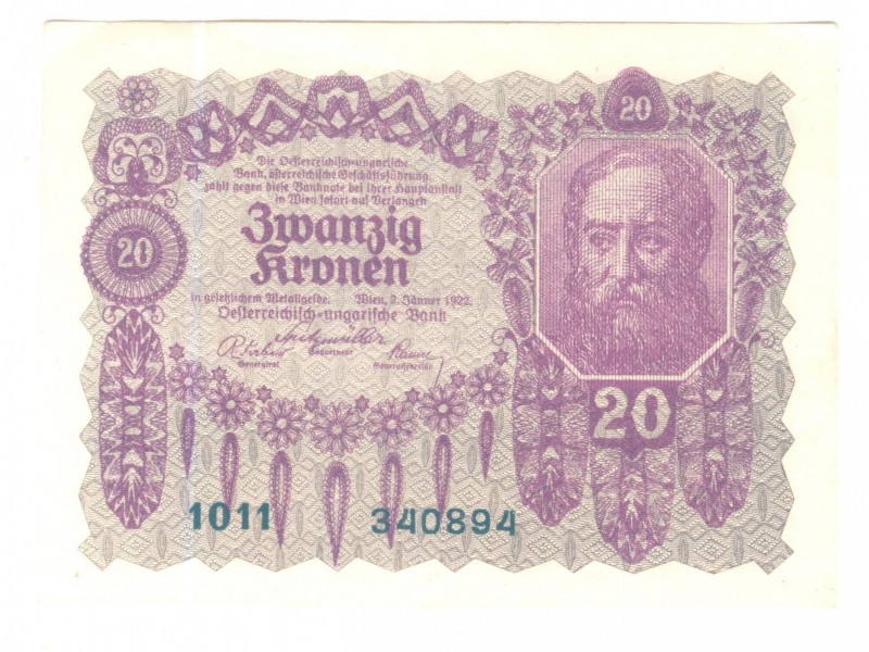Austrija 20 kronen 1922 aUNC - XF