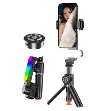 Q34 AI ANTI-SHAKE SELFIE STICK GIMBAL STABILIZER WITH RGB BEAUTY LIGHT - BLACK