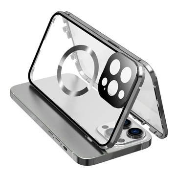 COMPATIBLE WITH MAGSAFE CASE FOR IPHONE 15 PRO MAGNETIC METAL FRAME + DOUBLE-SIDED TEMPERED GLASS PHONE COVER WITH BUCKLE LOCK - SILVER