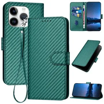IPHONE 15 PRO MAX PREMIUM WALLET CASE WITH STRAP - CARBON FIBER TEXTURE - CARBON GREEN
