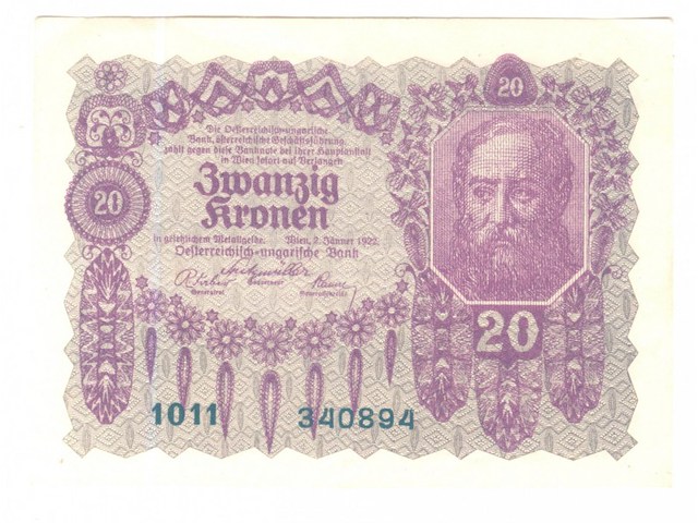 Austrija 20 kronen 1922 aUNC - XF