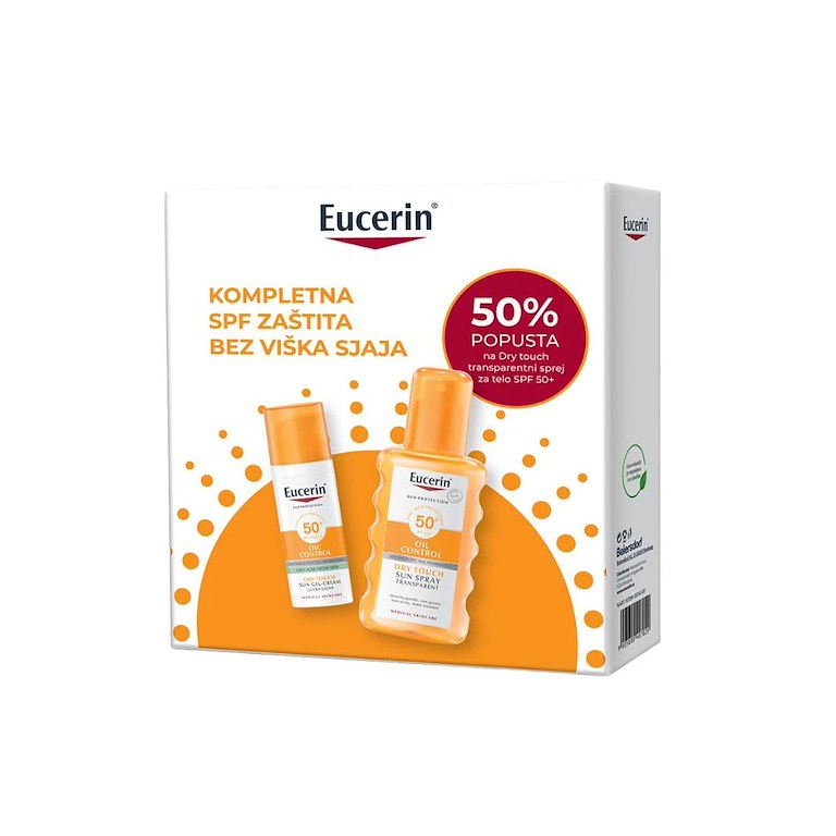 Eucerin® SUN PROMO Oil Control Gel Krema SPF50+ 50 mL i Oil Control Transparentni Sprej za Zaštitu Osetljive Kože od Sunca SPF 50+ 200 mL