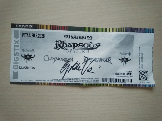 Ulaznica RHAPSODY OF FIRE 20.03.2026.+autogram G.Voli