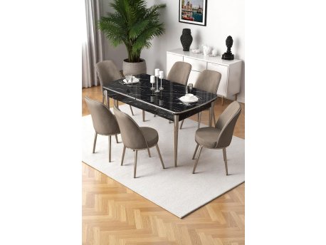 HANAH HOME Rasklopivi trpezarijski sto i stolice (7 delova) Nira Black Marble Chrome Cappuccino