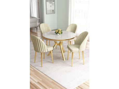 HANAH HOME Set trpezarijskog stola i stolica (5 delova) Mos White Marble Gold Cream